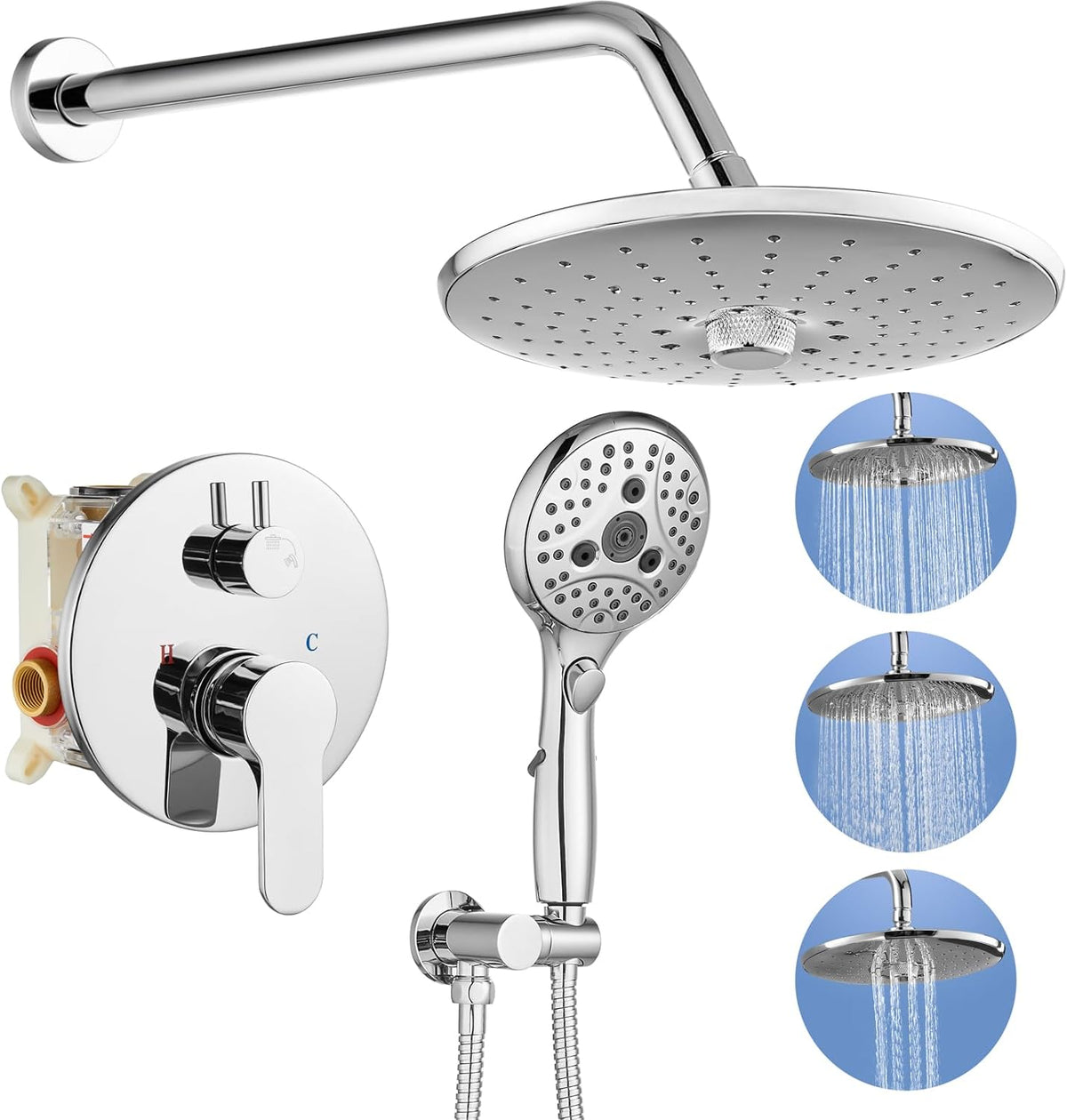 gotonovo Shower Trim Kit Polished Chrome 10 inch 3 Modes Round Rainfal