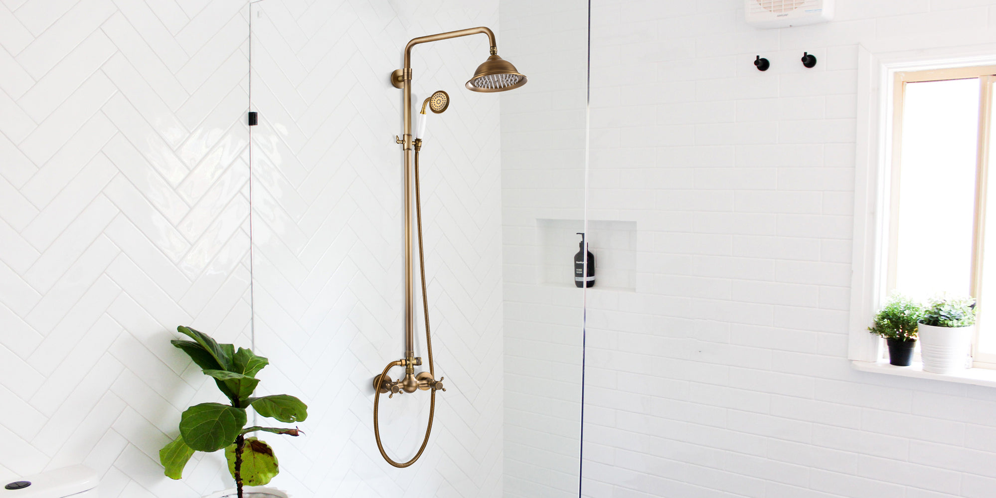 Antique Brass Shower System 8 Inch Rainfall Shower Head Handheld Spray