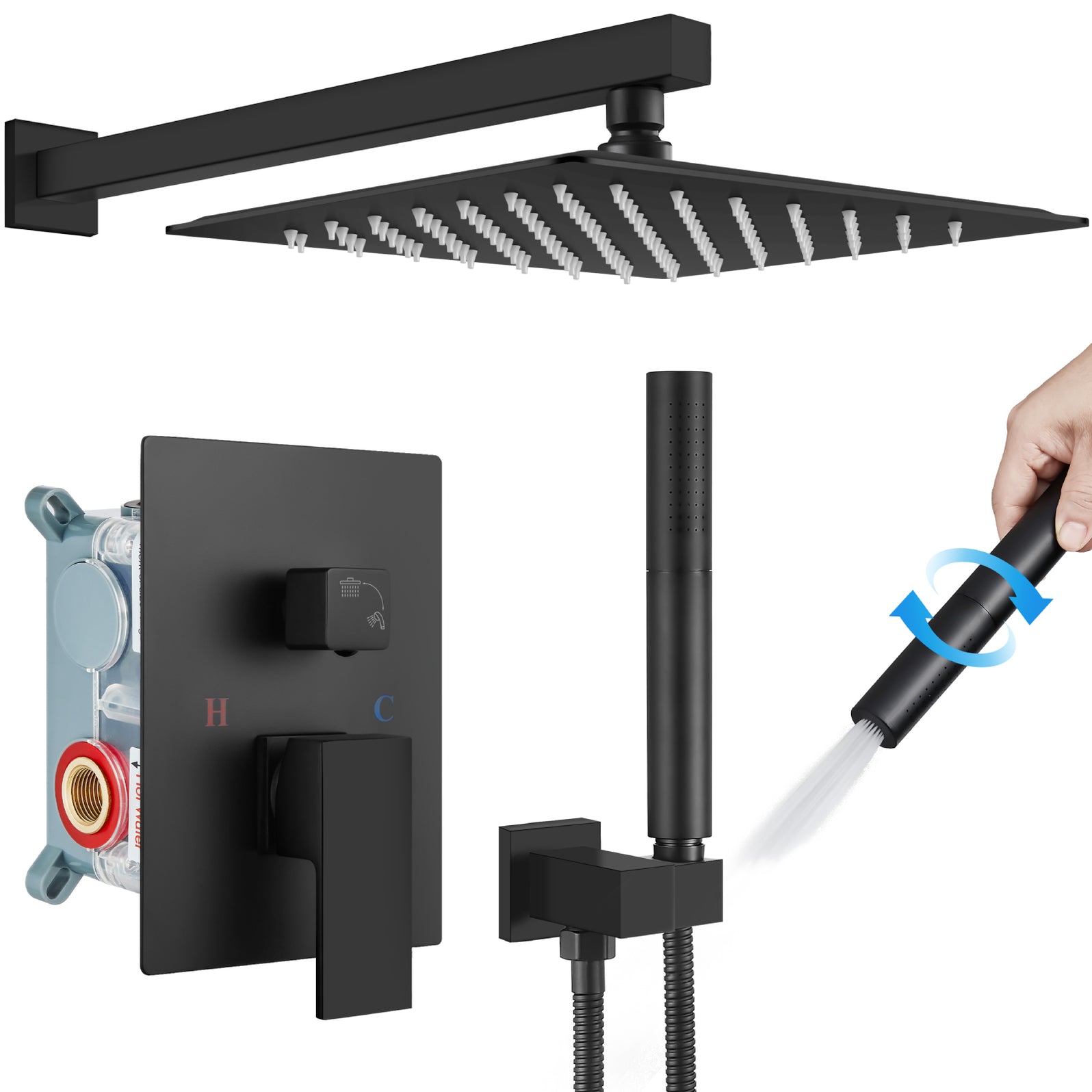 Gotonovo Rainfall Shower System Wall Mount Square Showerhead Shower Tr